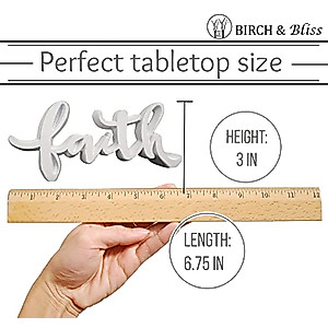 Birch & Bliss – Faith – Small Distressed White Tabletop Script Word Decor (6.75in x 3in) Modern Farmhouse Resin Standing Words - Inspirational Gifts | Spring - Wedding Decor