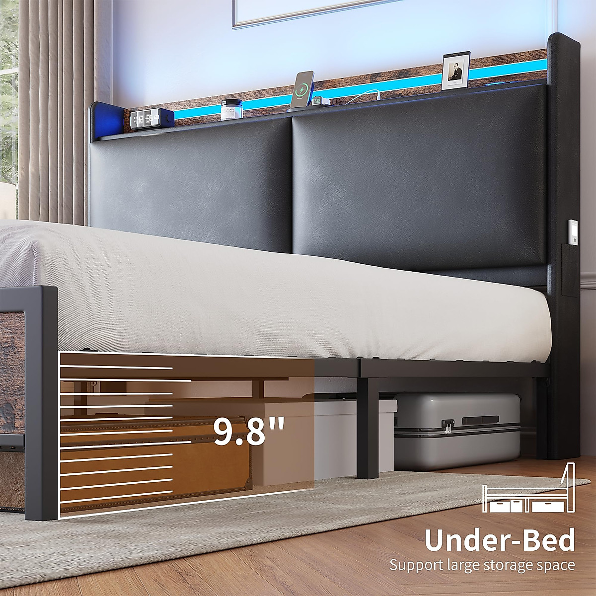 Full Size Bed Frame with Ergonomic Headboard, LED Lights Bed Frame with Hidden Storage, PU Leather Upholstered Platform Metal Bed with Charging Station , No Box Spring Needed, Heavy Duty, Black&Brown