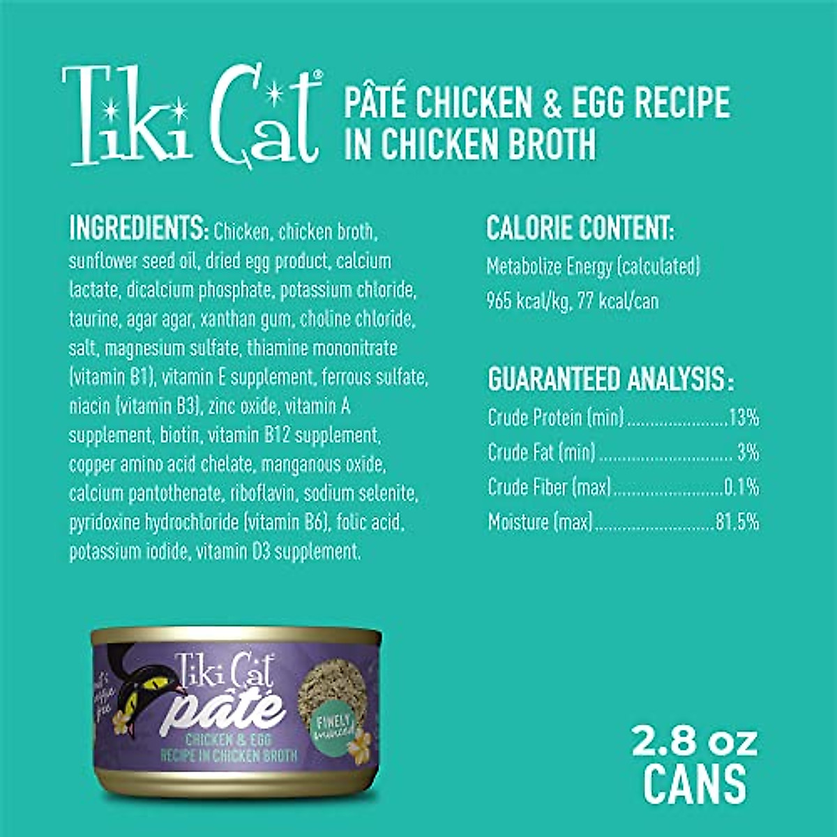 Tiki Cat Luau Pâté, Chicken and Egg Recipe in Chicken Broth, Grain-Free Balanced Nutrition Wet Canned Cat Food, for All Life Stages, 2.8 oz. Cans (Case of 12)