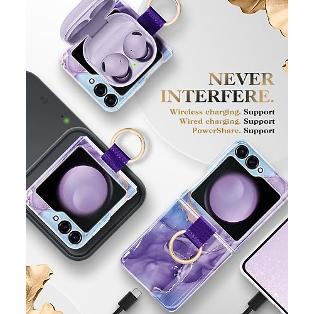 Vowodu Marble Case for Samsung Galaxy Z Flip 5 Case with Ring, [Precise Camera Protection]+[1*Screen Protector], Wireless Charging Anti-Scratch Shockproof Case for Z Flip 5 5G (Blue Purple)