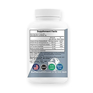 BioInnovations Pharmacal Bio-D3 Plus Boron Vitamin K2 Magnesium & Zinc-Supports Cardiovascular Nerves Muscles Bone Teeth Gums Immune Health Tissue Repair Balance Hormones Metabolism 180 Vegan caps