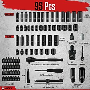 WETT 3/8" Drive Impact Socket Set, 95-Piece Socket Wrench Set, SAE/Metric, Deep/Shallow, CR-V Steel Kit, (5/16"-3/4", 8-22mm), 3/8" Ratchet Handle, Adapter, Extension Bar, Spark Plug Socket, 1/4" Bits