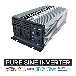 GoWISE Power 600W Pure Sine Wave Inverter 12V DC to 115V AC with 2 AC Outlets + 1 5V USB Port and 2 Clamp Cables (1200W Peak) PS1001