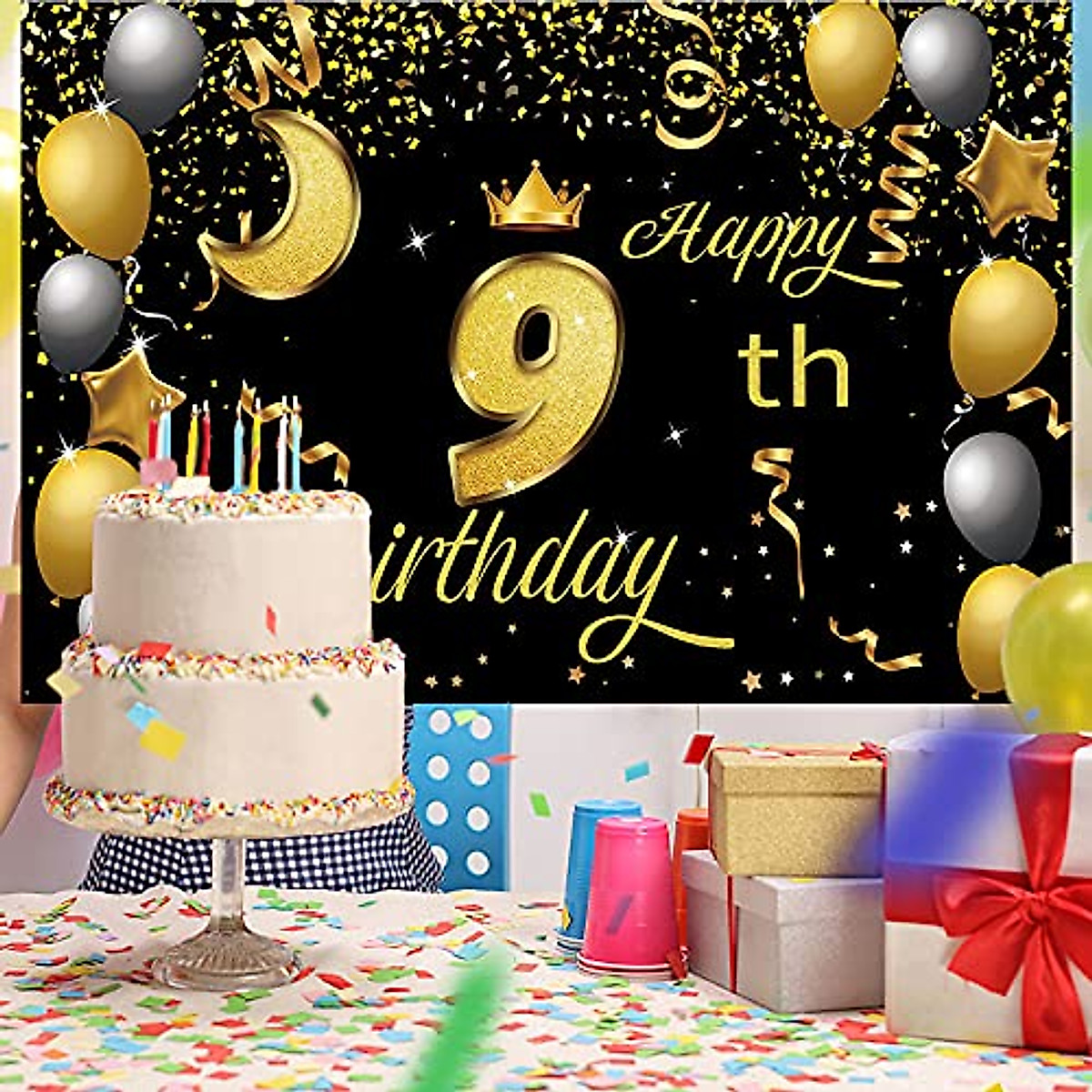 Sweet Happy 9th Birthday Backdrop Banner Poster 9 Birthday Party Decorations 9th Birthday Party Supplies 9th Photo Background for Girls,Boys,Women,Men - Black Gold 72.8 x 43.3 Inch