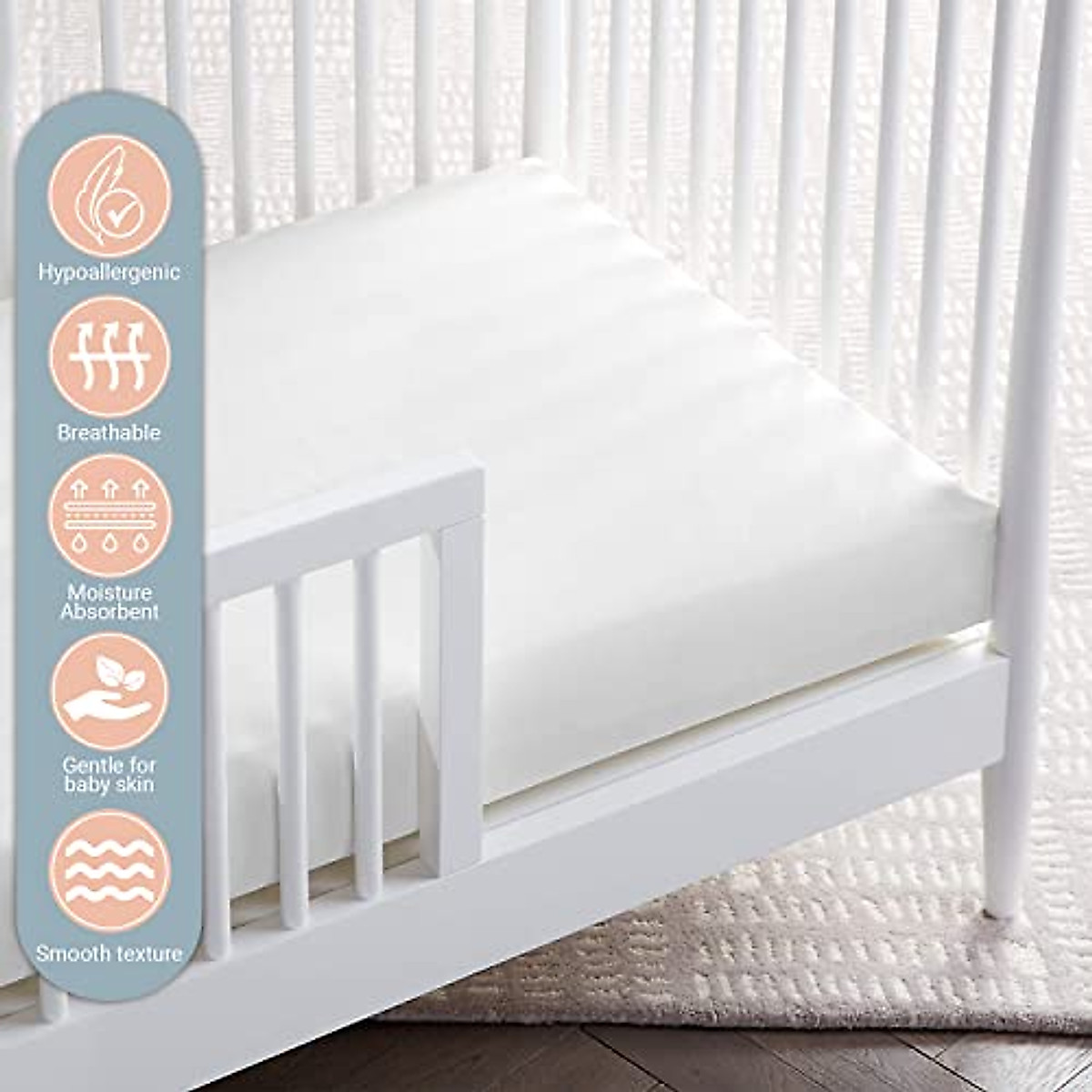 Pizuna 400 Thread Count Cotton Crib Fitted Sheet 3pc, 100% Long Staple Cotton White Crib Sheets Luxurious Sateen Weave All Around Elastic Deep Pocket Kids Bed Sheet (100% Cotton White Crib Bed Sheet)