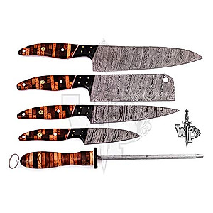 World Points WP-007 Custom Handmade Damascus Professional kitchen Chef knives set-5-Piece (Olive & Rose Wood)