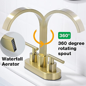 TRUSTMI Bathroom Faucet Gold 2 Handle Lavatory Basin Sink Faucet Swivel Waterfall 4 Inch Centerset Vanity Faucet with Overflow Pop Up Drain Assembly, Brushed Gold