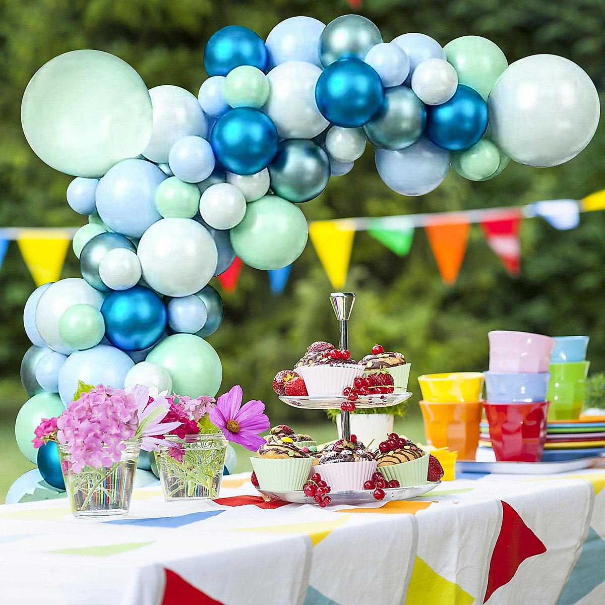 125pcs Blue Green Macaron Balloon and Metallic Blue Silver Balloon Garland Kit for Birthday Retirement Bridal Baby Shower Graduation Wedding Anniversary Party Decoration