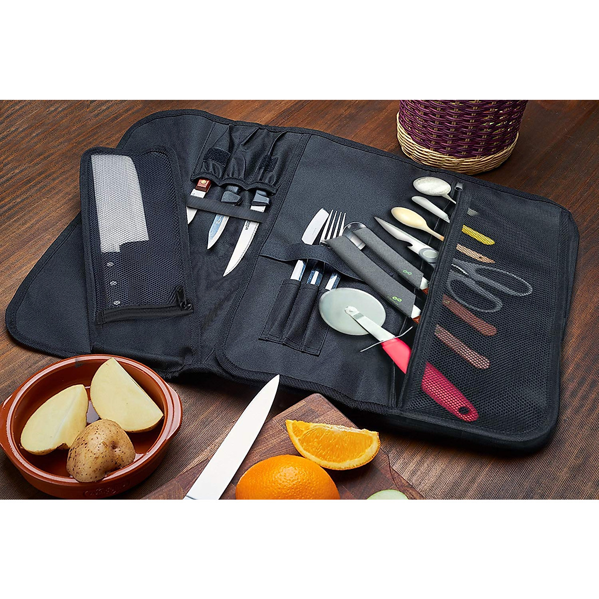 EVERPRIDE Chef Knife Roll Bag Holds 12 Knives – Contains 2 Large Zippered Pockets for Meat Cleavers and Cooking Tools – Durable Knife Case for Chefs and Culinary Students – Includes 2 Knife Guards