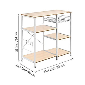 Baker's Rack 3 Tier Utility Storage Shelves with 5 Hooks Standing Storage Rack Floor Spice Rack Storage Shelf Organizer and Shelving Heavy Duty for Kitchens Microwave Living Room Bedroom (White)
