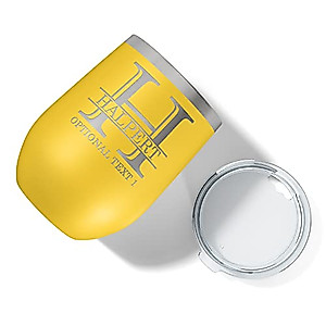 Personalized 12oz (17 Colors) Powder Coated Stainless Steel Stemless Wine Tumbler with Lid, Custom Etched, Customized Gift for Women Her, Wine Lover, Halpert Monogram Initial Name (Yellow)