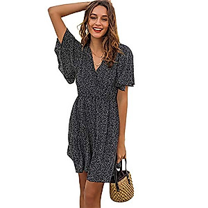 Romwe Women's Short Sleeve V Neck All Over Print High Waist A Line Summer Short Dress Black S