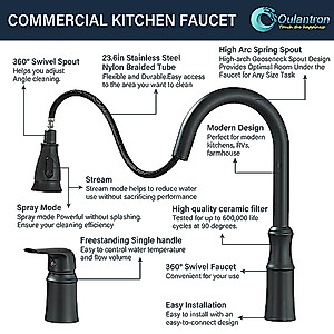 Oulantron High Arc Pull Down Sprayer Kitchen Faucet Single Handle Kitchen Faucets 2 Hole Matte Black Commercial Kitchen Sink Faucet Pull Out Kitchen Sink Faucet