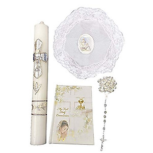 Lito First Communion Candle Set for Girls - White Silver Cross Candle Set Kit for Holy 1st Communion - English