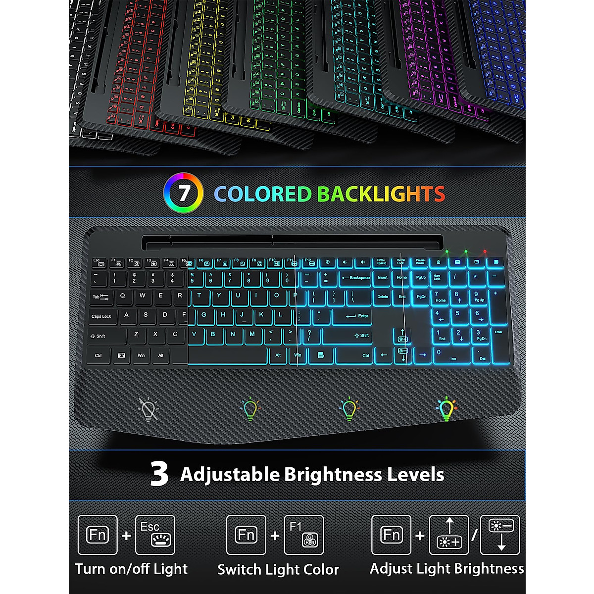 Wireless Keyboard and Mouse Backlits, Wrist Rest, Jiggler Mouse, Rechargeable Ergonomic Keyboard with Phone Holder, Silent Light Up Combo for Computer, Mac, PC, Laptop, Chromebook -by SABLUTE