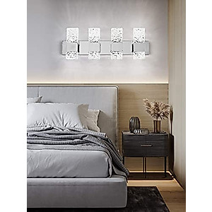 OYLYW Modern LED Bathroom Vanity Light Fixtures Chrome Stainless Steel 4 Light Wall Sconces for Bathroom Lighting Fuxture Over Mirror 28 Inch 40w LED Crystal Wall Light Cool White 5800K