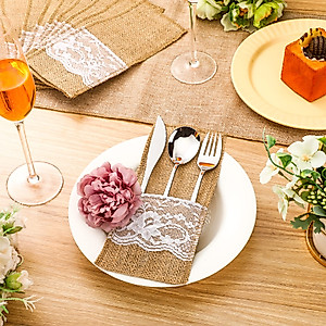 Windyun 100 Pcs 4.1 x 8.9 Inch Wedding Natural Burlap Lace Utensil Holders Pouch Burlap Silverware Cutlery Pouch Tableware Holder Bag for Rustic Wedding Bridal Shower Decorations