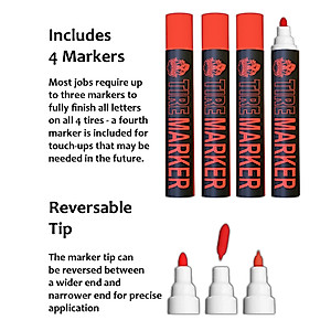 Red Tire Paint Marker for Car Tire Lettering - 4 Pack - Permanent Tire Paint Pens with Weatherproof Ink Designed to Last on Car Tires and Many Other Materials
