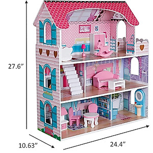 PIDOKO KIDS Wooden Dollhouse - includes 12 Pcs Furniture Accessories - Wood Doll House for 3 4-5 Year Old Girls