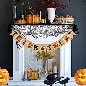 Halloween Banner Happy Trick or Treat Hanging Burlap Banner for Fireplace, Halloween Bunting Garland Banner for Mantle Home Halloween Party Decorations