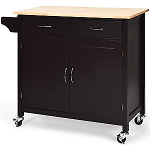 Giantex Kitchen Island, Rolling Kitchen Cart, Wood Counter Top, Utility Service Trolley Cart with Storage Cabinet and 2 Large Drawer Towel Rack, Bar Dining Room Organizer Furniture, Dark Brown