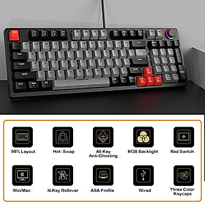 KBMSCITH 80% Mechanical Gaming Keyboard, LED Backlit Compact 96 Keys TKL Wired Mechanical Keyboard with Volume Control Knob, All Anti-Ghosting, Red Switch & Numpad Keyboard for Gaming or Office
