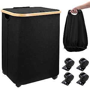 Laundry Basket with Wheels, 80L Rolling Laundry Basket with Lid and Removable Bag, Collapsible Dirty Clothes Basket with Wheels for Bedroom, Bathroom, Dorm, black