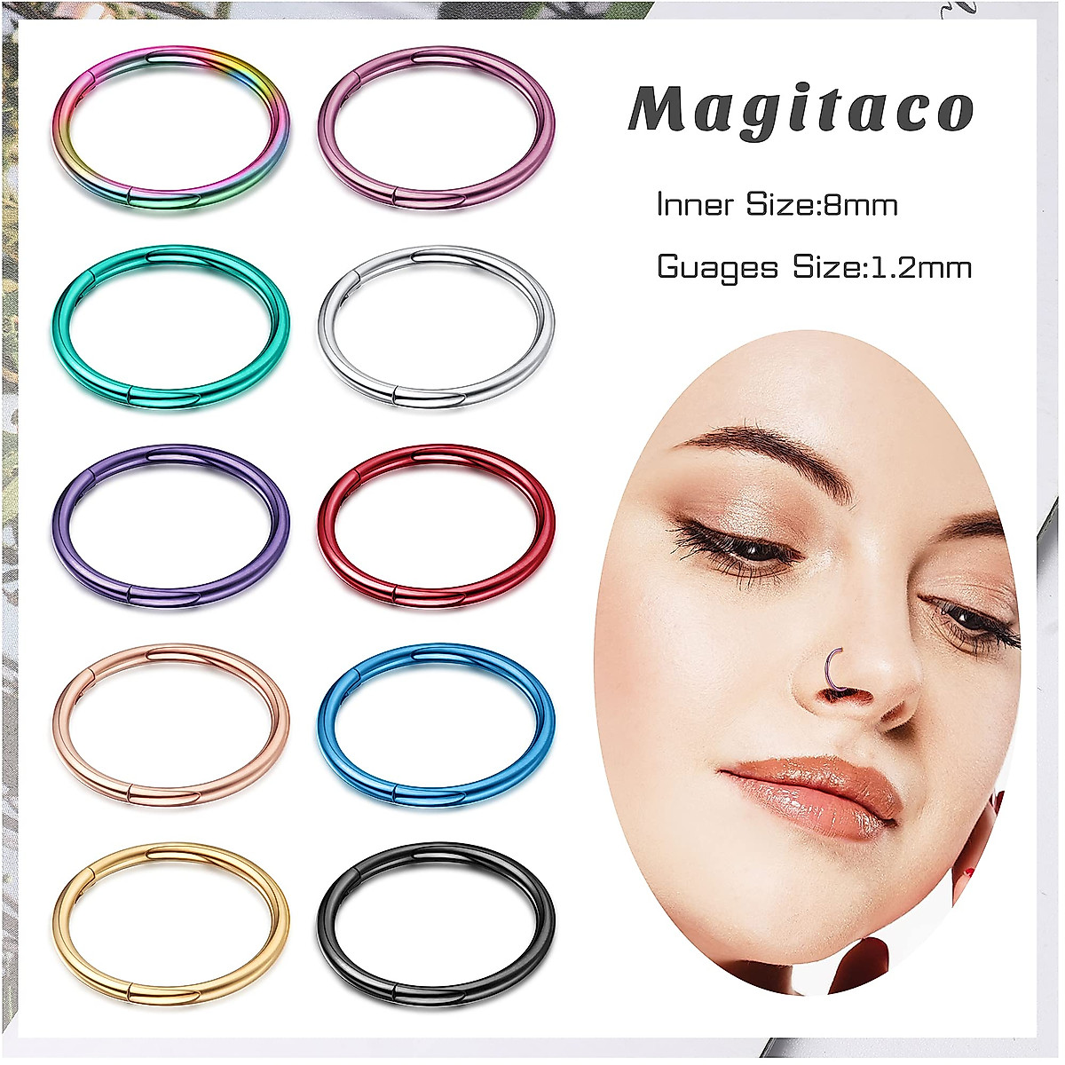 Magitaco 10 PCS 16G Septum Rings 316L Stainless Steel Hinged Segment Ring Lip Rings Cartilage Helix Conch Tragus Daith Piercing Septum Clicker Nose Rings Hoop 8mm