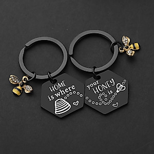MAOFAED Matching Couples Keychains Honey Beehive Keychains Home is Where Your Honey Is Housewarming Couples Gift (your honey is black)