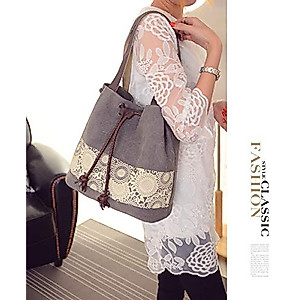 Women Printing Canvas Shoulder Bag Casual Hand Bags Purse Retro Tote Bags (Gray)
