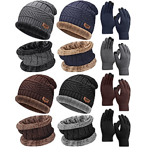 12 Pieces Winter Hat Scarf Gloves Set Snow Beanie Hat Knit Skull Caps Touch Screen Mittens Warm Neck Warmer for Men Women Cold Weather Skiing, 4 Colors