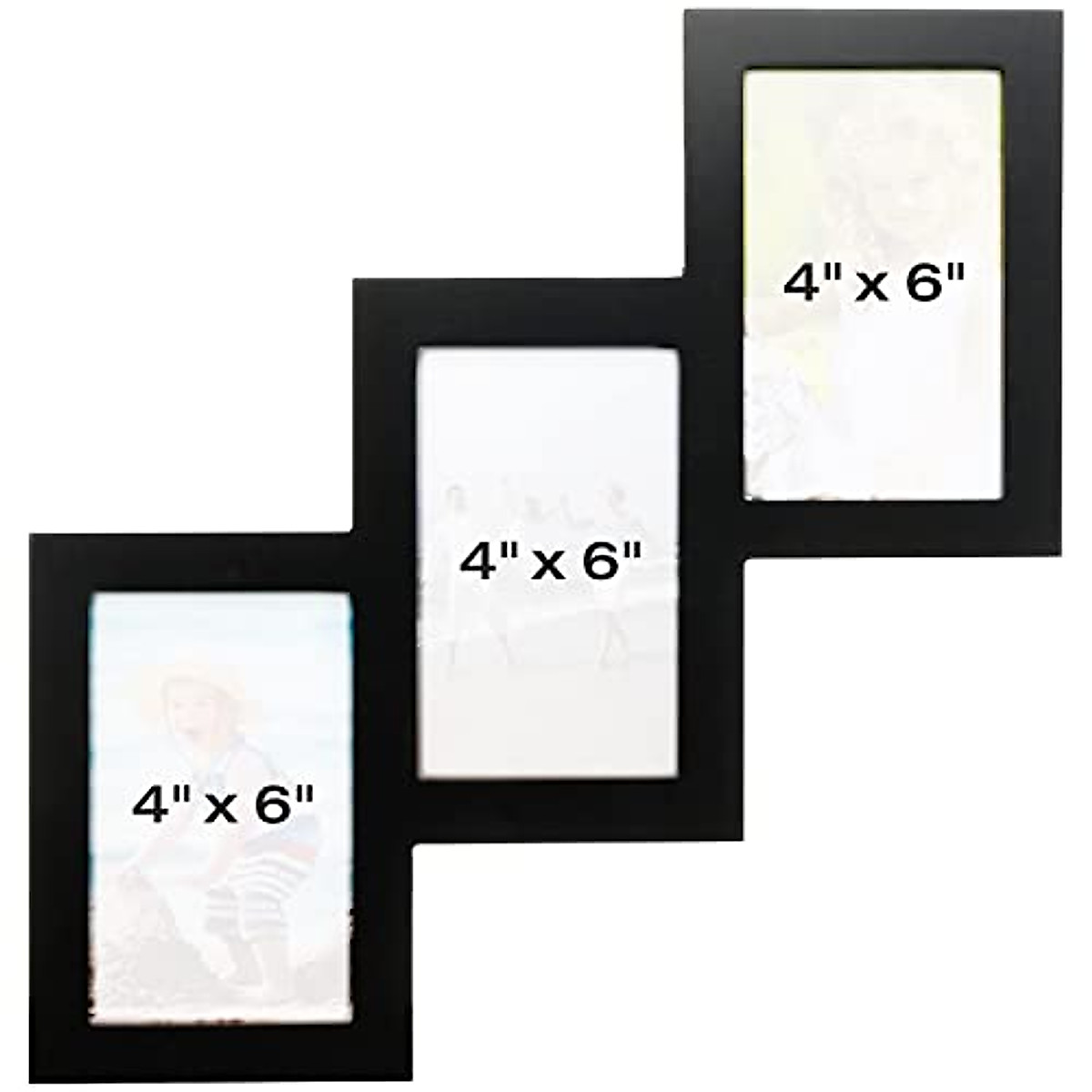 EXCELLO GLOBAL PRODUCTS Diagonal Collage Frame Holds Three 4x6 Photos: Ready to Hang Modern, Barnwood, Farmhouse, Beach House Wood Picture Frame (Black)