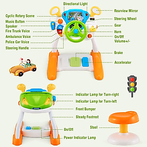 Costzon Steering Wheel Toy, Pretend Play Driving Simulated Toy w/Light and Music, Cyclic Rotary Scene, Siren Sounds, Walkie-Talkie, Stool, Interactive Learning Educational Toy for Toddler Boys Girls