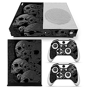 Whole Body Protective Vinyl Skin Decal Cover for Microsoft Xbox One Slim Console, Black Skull Xbox One S Skins Wrap Sticker with Two Free Wireless Controller Decals