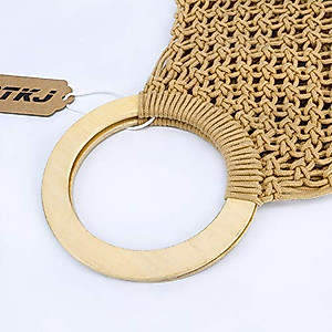 QTKJ Boho Women's Summer Beach Straw Crochet Bag Hollow Out Hand-Woven Cotton Tote Bag Purse with Wooden Round Handle (Khaki)