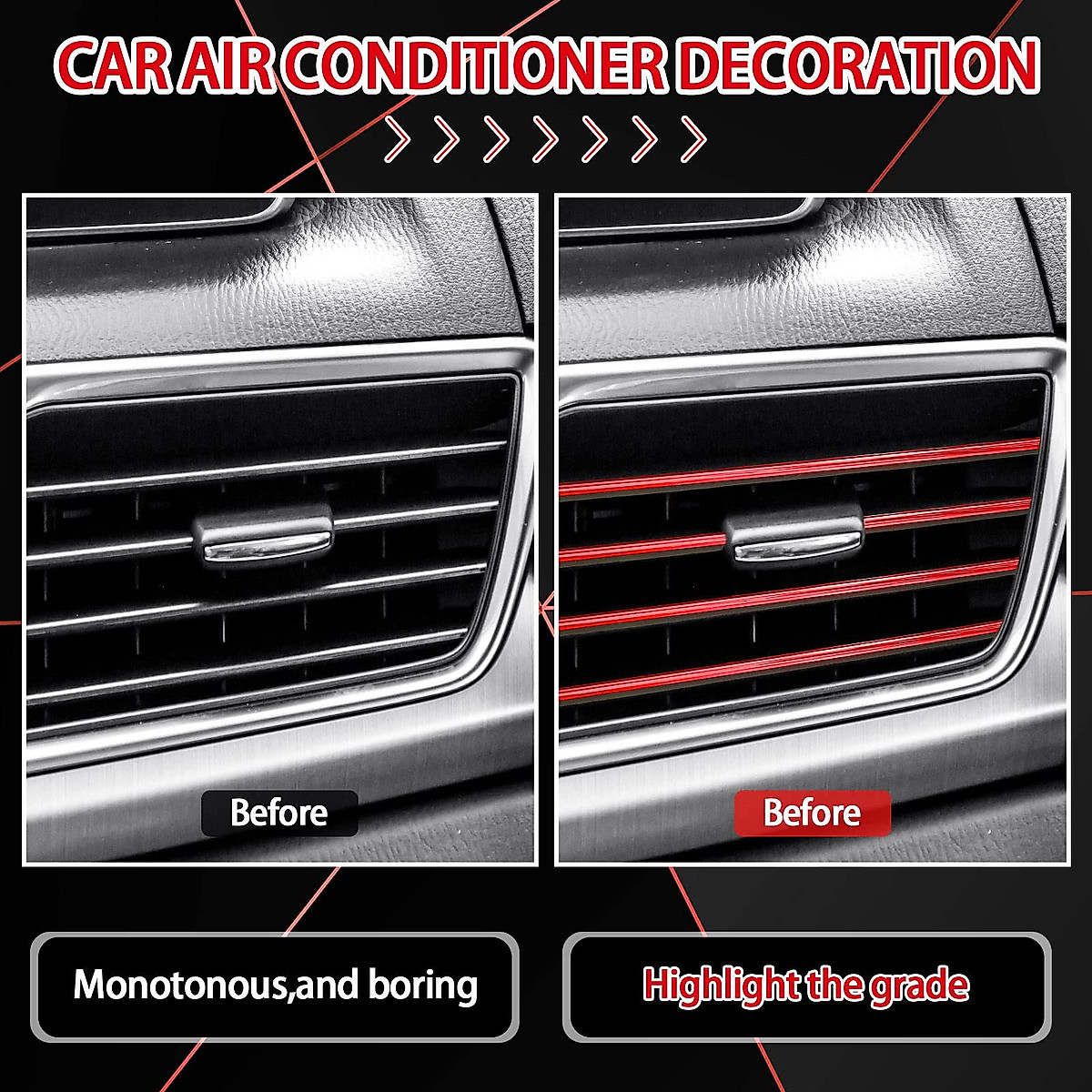 Riakrum 30 Pcs Car Accessories Set Red and Black PU Leather Steering Wheel Cover Auto Interior Accessories Gift Car Vent Trim Strips Air Conditioner Insert Strips with Installation Tool