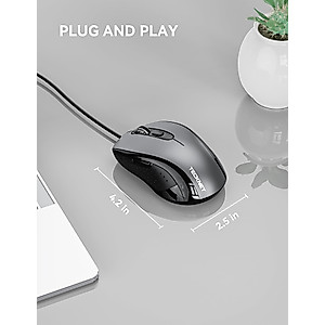 TECKNET Computer Wired Mouse, USB Mouse Wired for Laptop with 6-Button, 3600DPI Optical PC Wired Mouse, Home and Office 5FT USB-A Corded Comfortable Mouse, Plug & Play, NO Battery Required-Grey