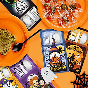 Whaline 18Pcs Halloween Cutlery Holder Set 6 Designs Witch Ghost Pumpkin Gnome Patterned Silverware Holder Paper Pocket Creepy Cartoon Tableware Utensil Holder for Dinner Party Supplies