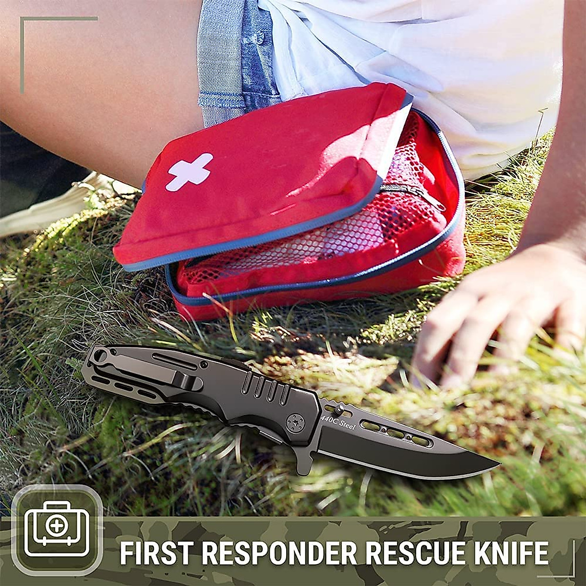 Grand Way Bundle of 2 Items - Spring Assisted Knife - Pocket Folding Knife - Military Style- Utility Multi Function Gear for Men Best Multi- Tool Kit for Work EDC Camping Backpacking