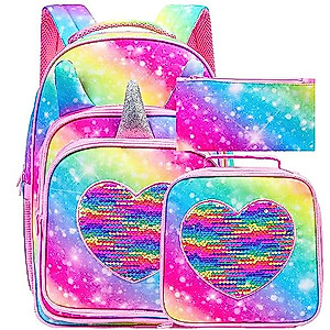 gxtvo 3PCS Girls Backpack, 16" Unicorn Rainbow Sequin Preschool Elementary Bookbag and Lunch Box