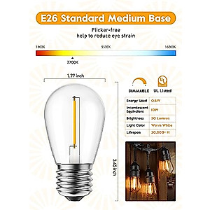 Brightown 25 Pack LED S14 Replacement Light Bulbs, Shatterproof E26 Medium Base Edison Vintage Bulbs Equivalent to 11 W, Fits for Commercial Outdoor Patio Garden Vintage Lights, 2700K, Warm White