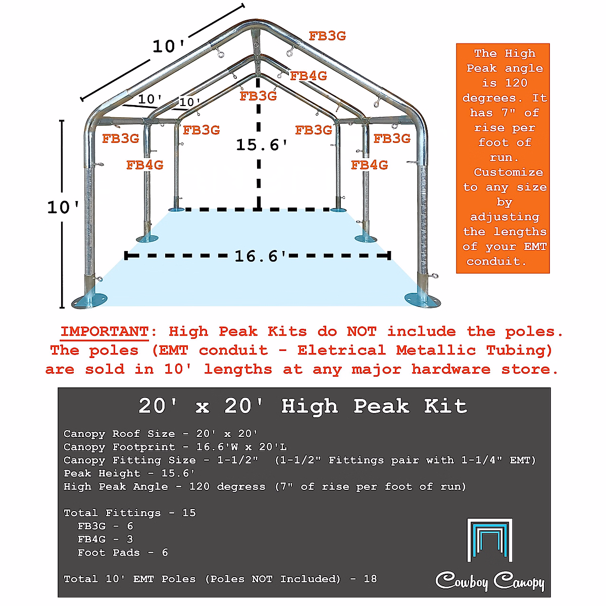 Carport Kit, 20' x 20' High Peak Canopy Fittings, DIY Metal Carport Frame Parts, 1-1/2" EMT Fittings