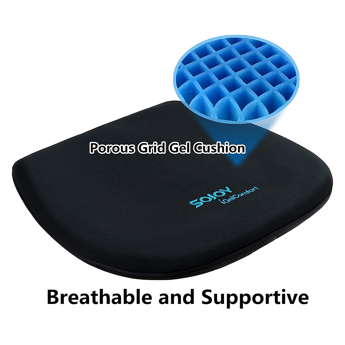 Sojoy iGelComfort Support Gel Seat Cushion with Memory Foam Portable Enhanced Chair Pad(Car/Office Chair/Truck/Home/Wheelchairs/Outside Sports Camping) (Black) (16 x 18 x 2inches)