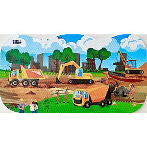 Construction Trucks Foam Puzzle -Excavator, Crane Truck, Cement Mixer, Dump Cones and Workers- Educational Truck Floor for Kids - 25 Pieces Bright! Yellow, Orange, Green Zone Kids! 13x24 inches