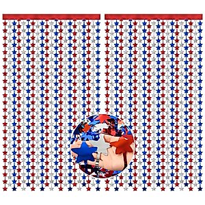 HOOSUN Patriotic Decorations Backdrop,2 Pack Red White and Blue Party Photo Backdrop Patriotic Tinsel Foil Fringe Curtains,Red White and Blue Streamers Tinsel Backdrop Decor for Home,Front Door