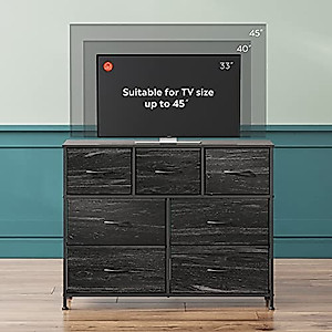 WLIVE Dresser TV Stand, Entertainment Center with Fabric Drawers, Media Console Table with Metal Frame and Wood Top for TV up to 45 inch, Chest of Drawers for Bedroom, Charcoal Black Wood Grain Print