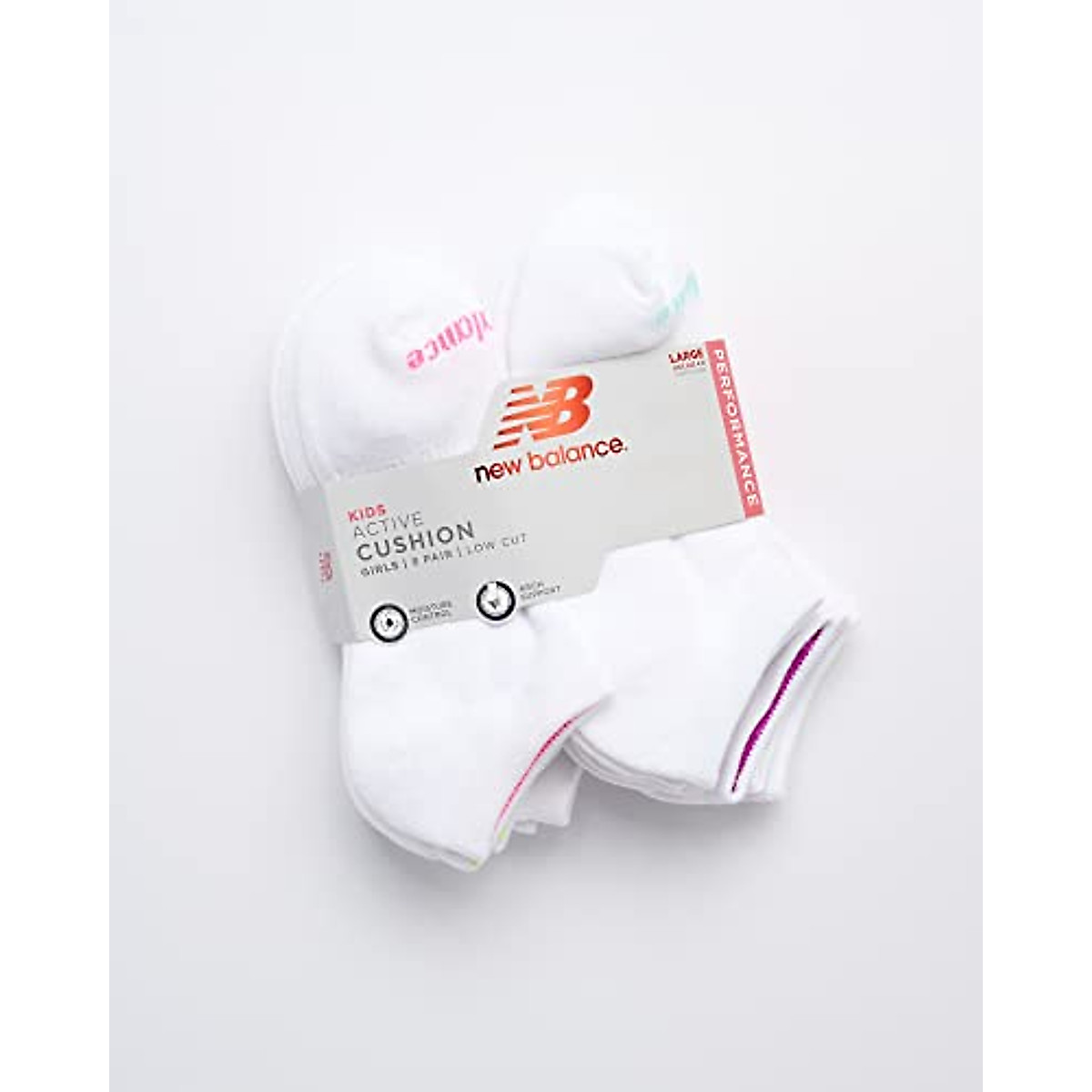 New Balance Girls' Athletic Low Cut Socks with Reinforced Heel and Toe (8 Pack), Size Medium, Pure White