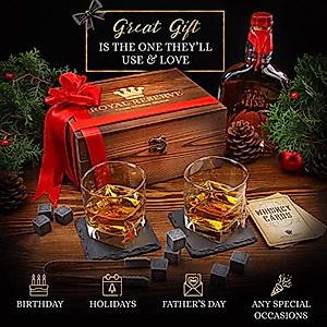 Whiskey Stones Gift Set by Royal Reserve | Artisan Crafted Chilling Rocks Scotch Bourbon Glasses and Slate Table Coasters – Gift for Guy Men Dad Boyfriend Anniversary or Retirement Regalos para hombre