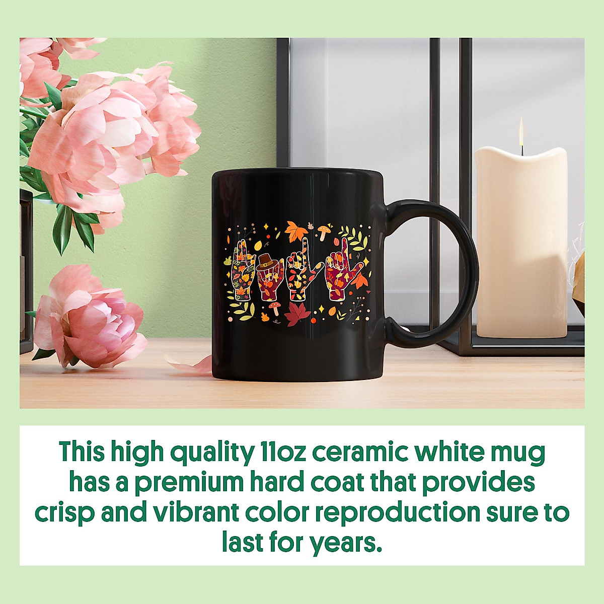 RW30 Fall ASL Thanksgiving Sign Language Alphabet Autumn Black Coffee Mug 11oz