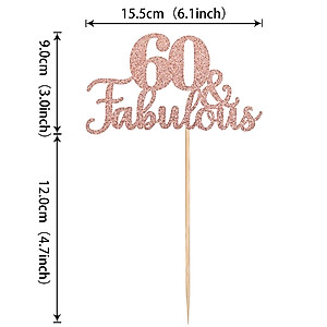 1 PCS 60 &amp; Fabulous Cake Topper Glitter Sixty and Fabulous Cake Toppers Happy 60th Birthday Cake Pick for 60th Wedding Anniversary Birthday Party Cake Decorations Supplies Rose Gold